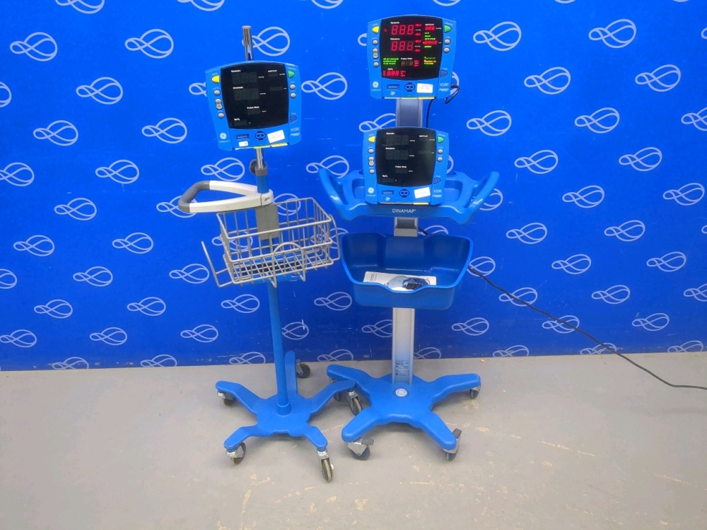 3 x GE Carescape Dinamap V100 Patient Monitor on 2 x Rollstand