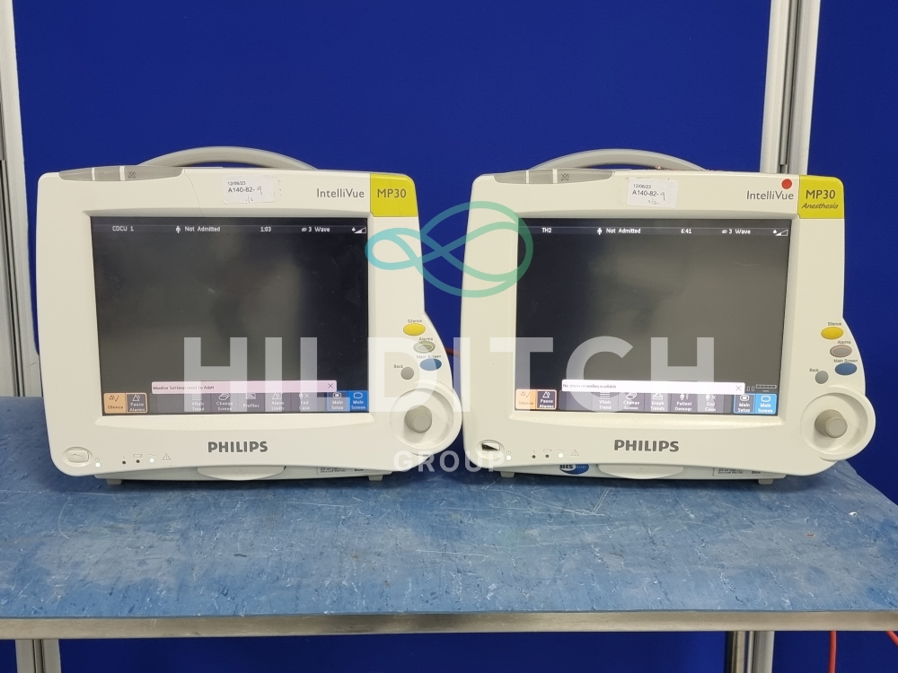 2 x Philips IntelliVue MP30 Patient Monitors *Both Power Up*, and 2 x ...