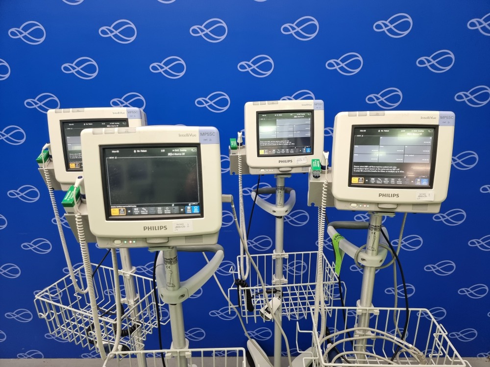4 x Philips IntelliVue MP5SC Patient Monitors on Rollstands