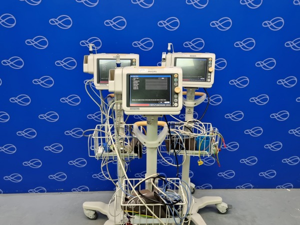 3 x Philips SureSigns VM4 Vital Signs Patient Monitors on Rollstands