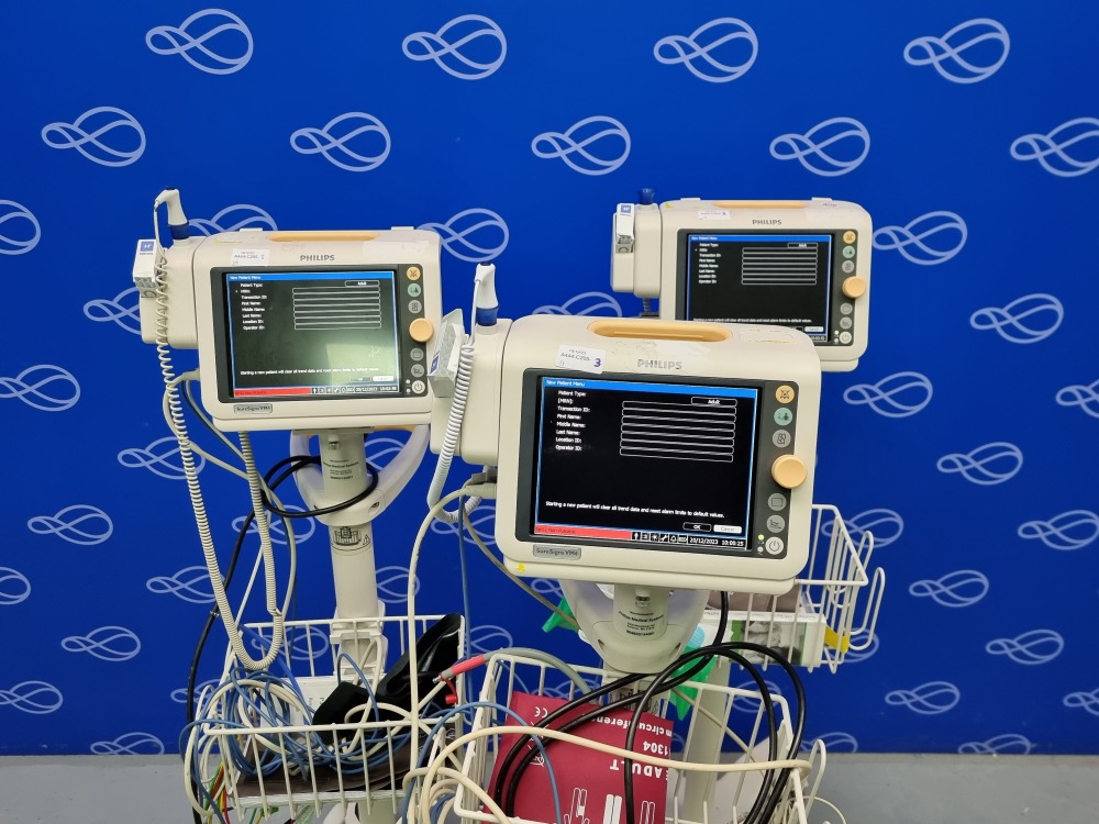 3 x Philips SureSigns VM4 Vital Signs Patient Monitors on Rollstands