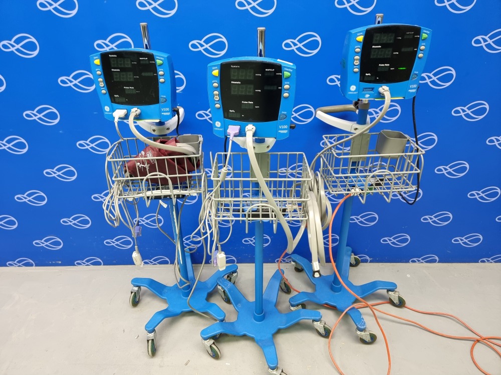 3 x GE Dinamap V100 Vital Signs Monitor on Rollstand